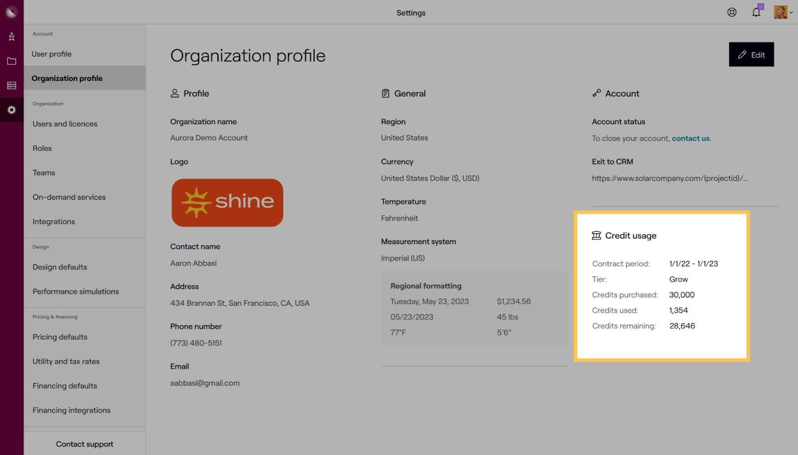 Consulter votre utilisation de crédit et votre solde restant à Aurora – Centre d'aide d'Aurora Solar